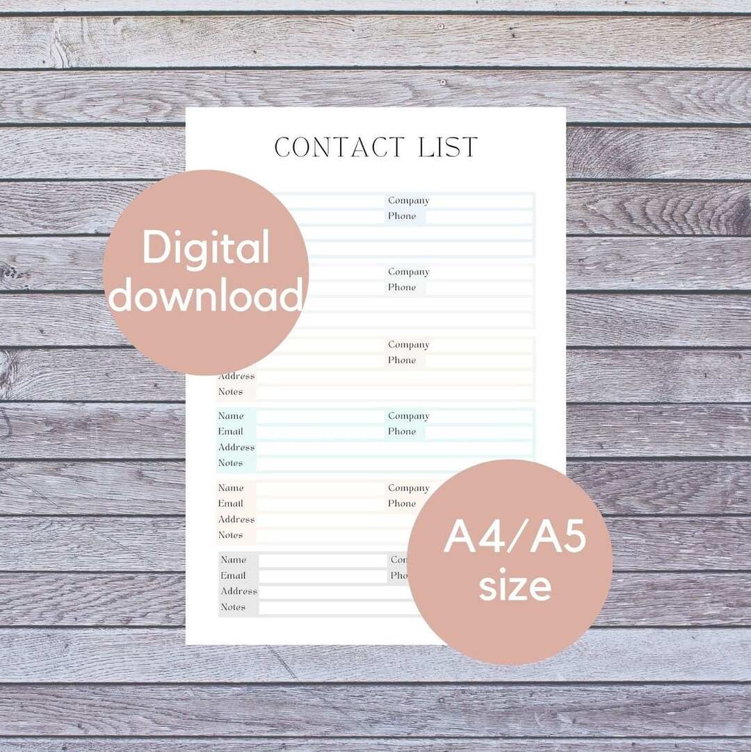 Printable Minimalist Contact List Digital Download Template - Etsy