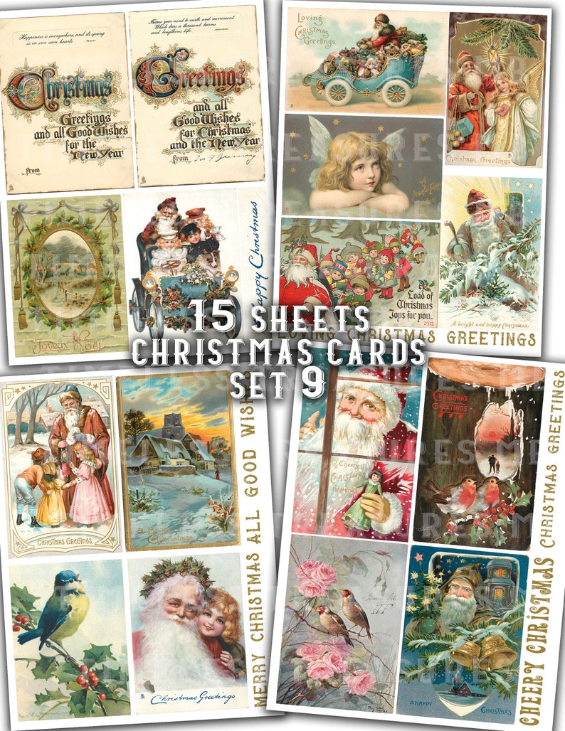 Christmas Cards, 15 Sheets, Printable Vintage Christmas Greeting Cards ...