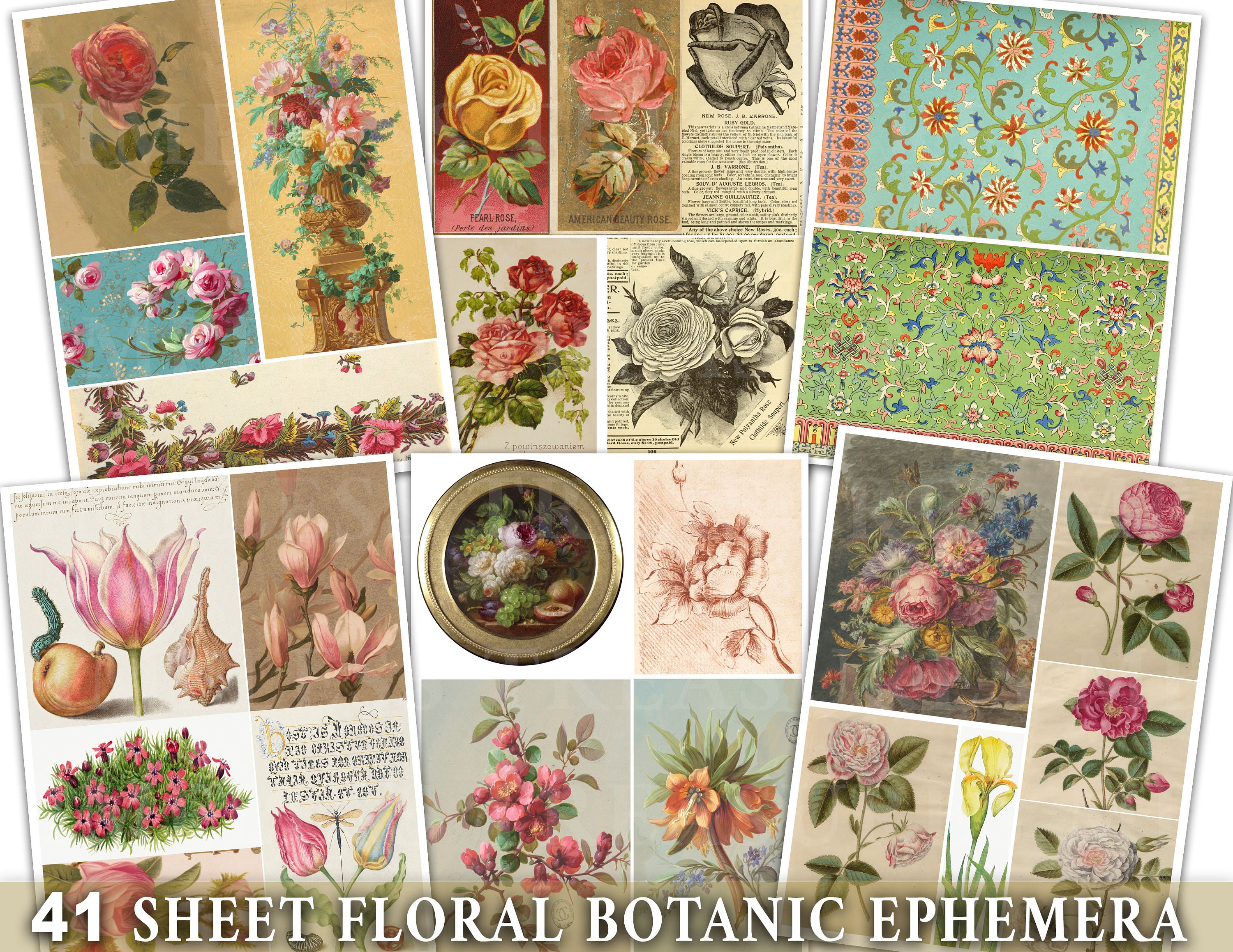 Floral Botanic Ephemera: Vintage Junk Journal Kit (41 Printable Sheets ...