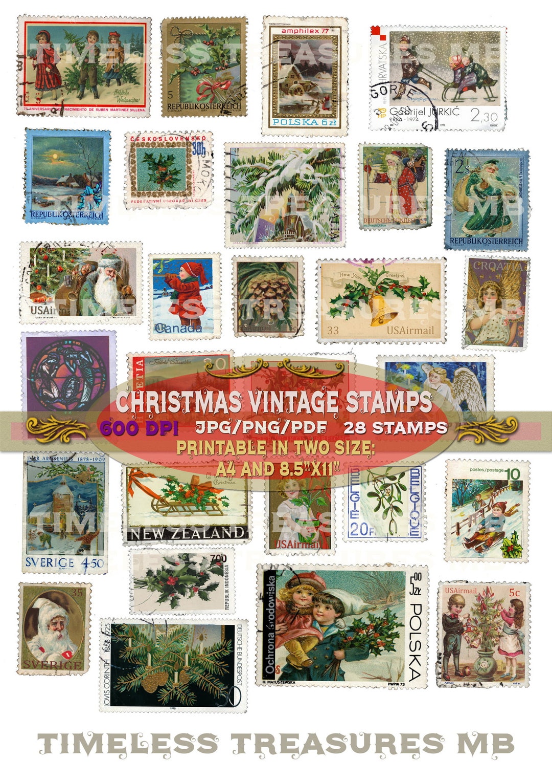 Christmas Vintage Faux Postage Stamps Digital Printable Xmas Postage ...
