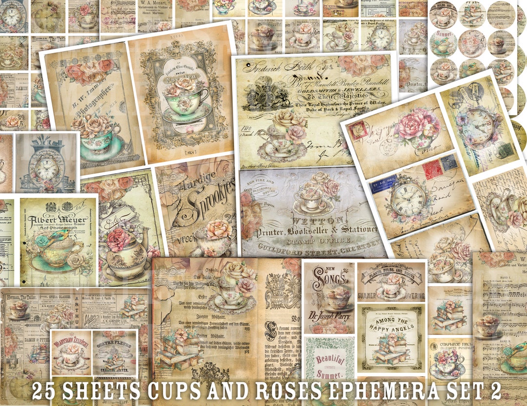 Cups and Roses Junk Journal Kit: Shabby Chic Printable Ephemera ...