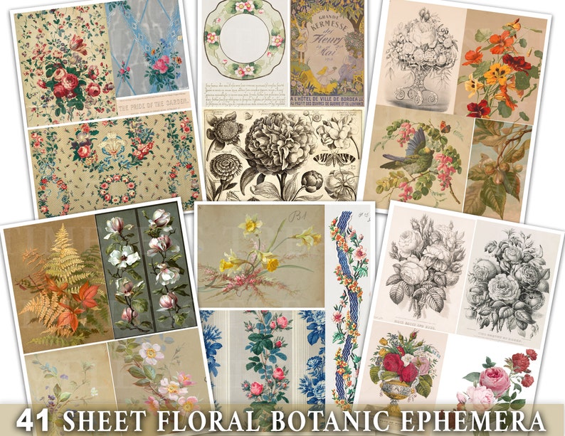 Floral Botanic Ephemera: Vintage Junk Journal Kit (41 Printable Sheets ...