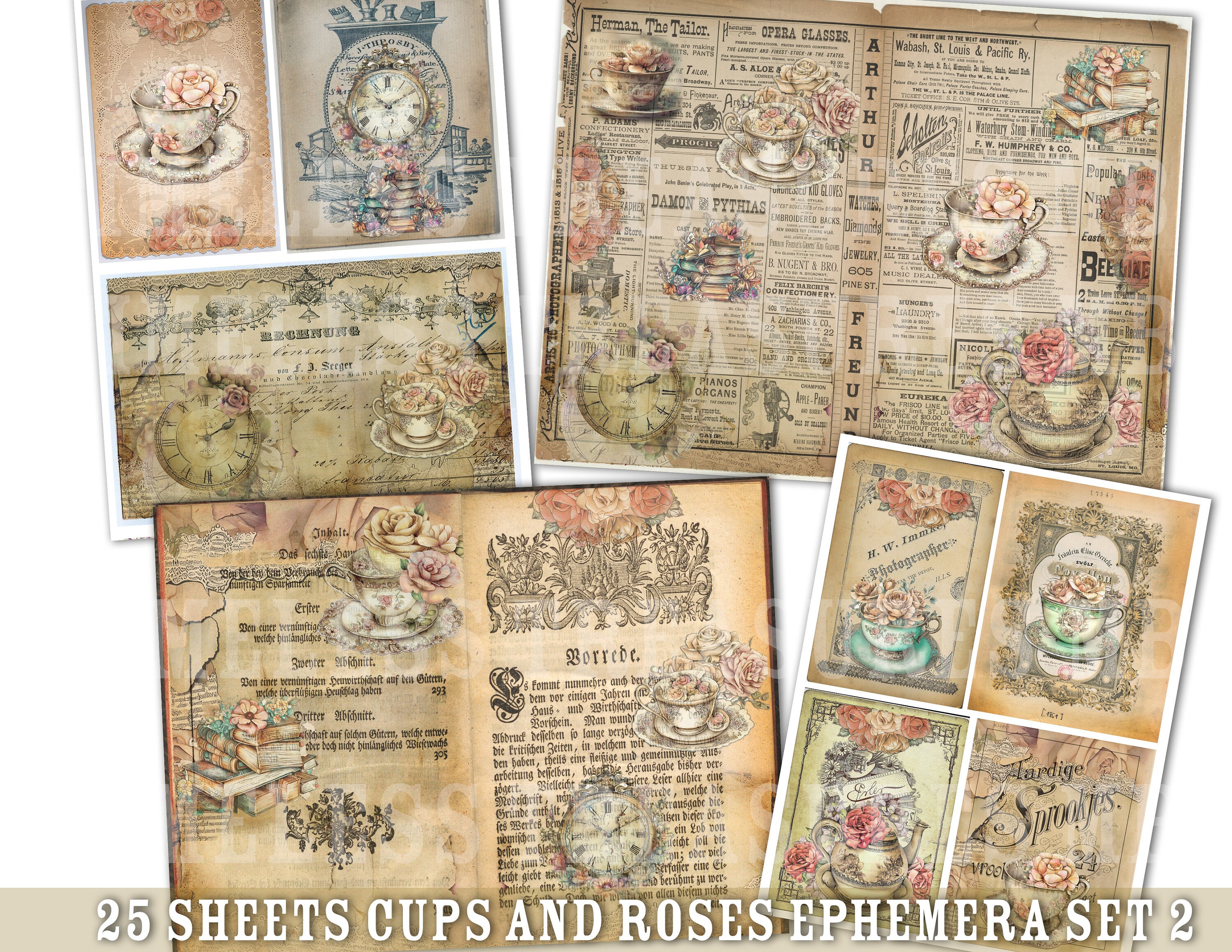 Cups and Roses Junk Journal Kit: Shabby Chic Printable Ephemera ...