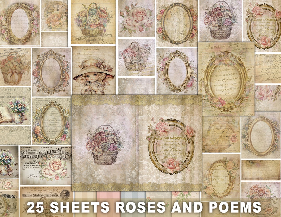 Printable Junk Journal, 25 Sheets, Printable Scrapbook Kit, ROSES and ...