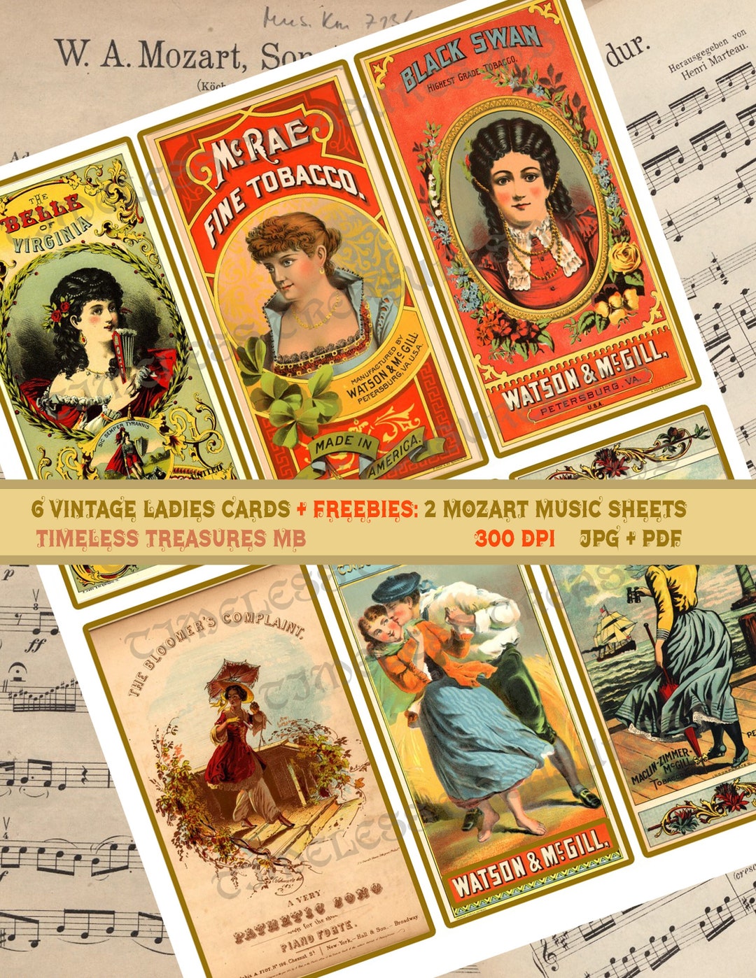 6 Vintage Victorian Ladies Cards 2 Freebies Mozart Music Sheets Notes