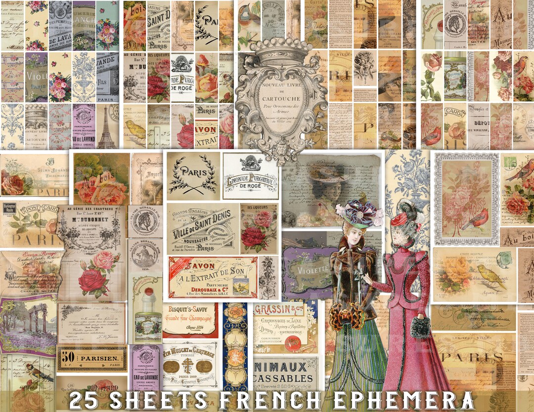 French Ephemera Kit: Vintage Labels, Tags, Ads (25 Printable Sheets ...