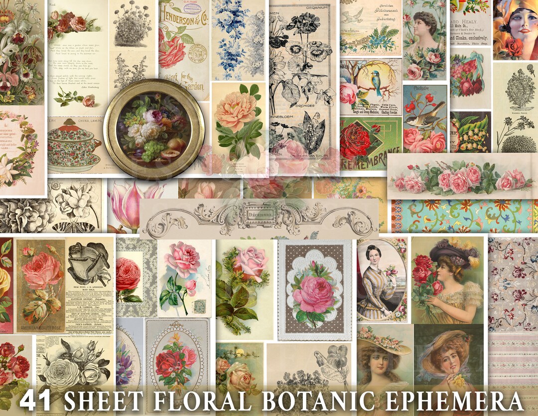 PRINTABLE EPHEMERA, 41 Sheets FLORAL Botanic Junk Journal Kit, Digital ...