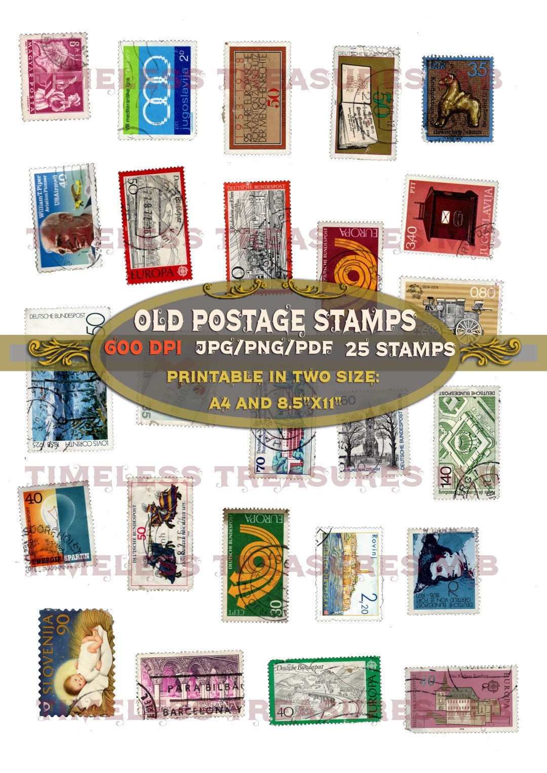 Briefmarken weltweit, 40 Jahre alte Briefmarken, digital druckbare ...
