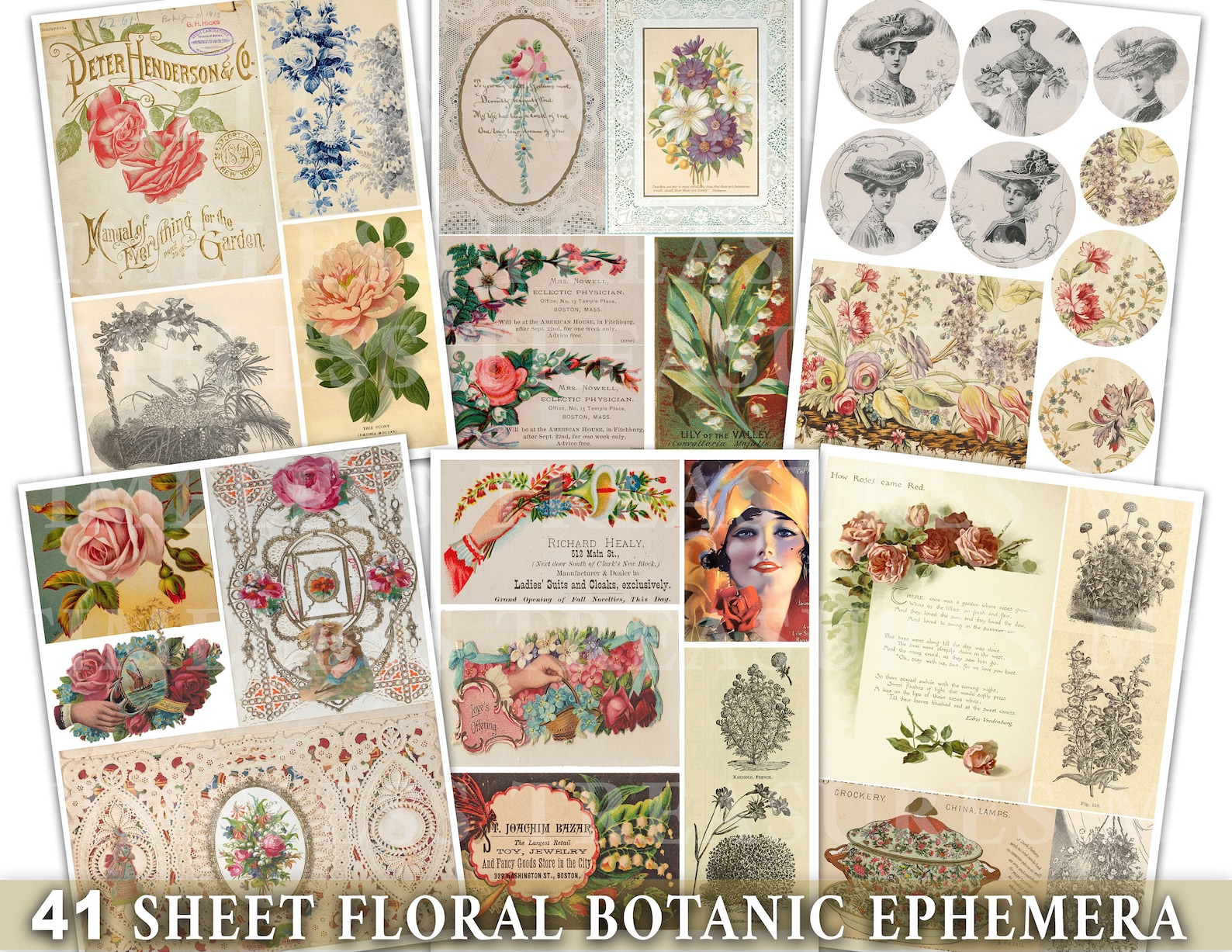 Floral Botanic Ephemera: Vintage Junk Journal Kit (41 Printable Sheets ...