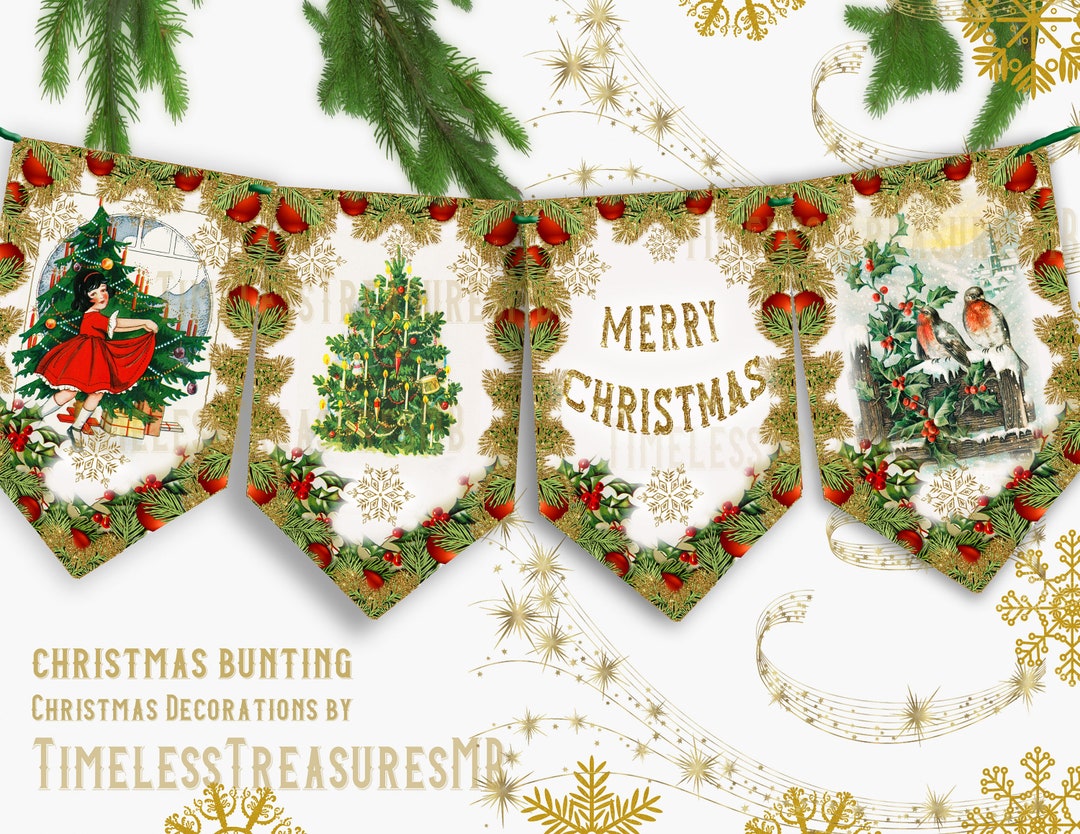 Vintage Christmas Bunting, Santa Banner Garland, Printable DIY (digital ...
