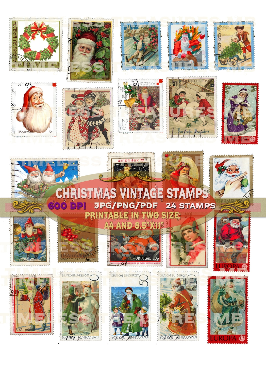 Christmas Vintage Faux Postage Stamps Digital Printable Paper Xmas ...