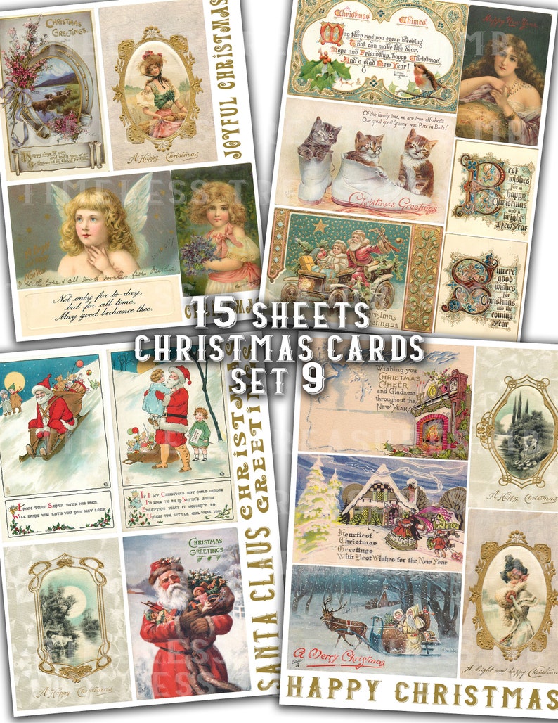 Christmas Cards, 15 Sheets, Printable Vintage Christmas Greeting Cards ...