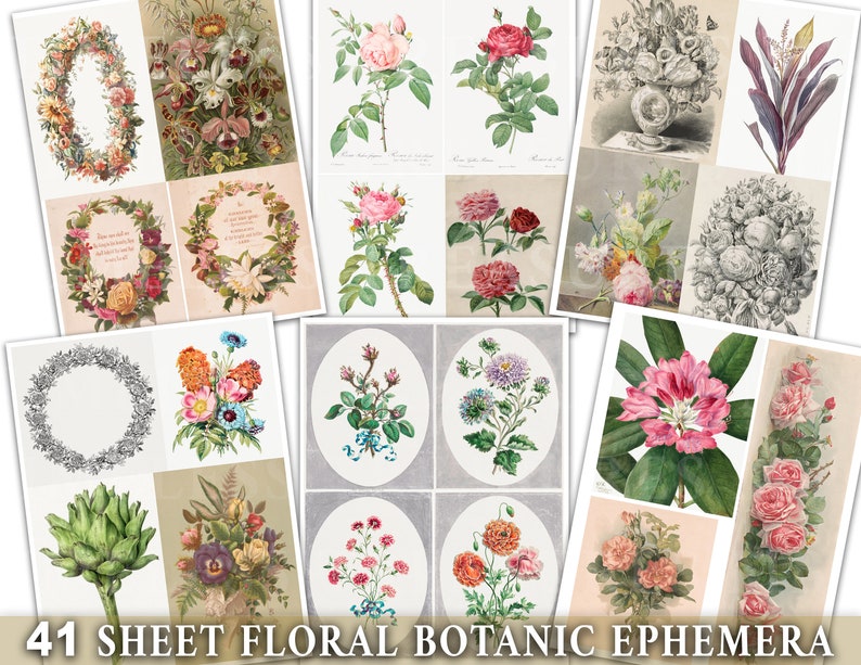 Floral Botanic Ephemera: Vintage Junk Journal Kit (41 Printable Sheets ...