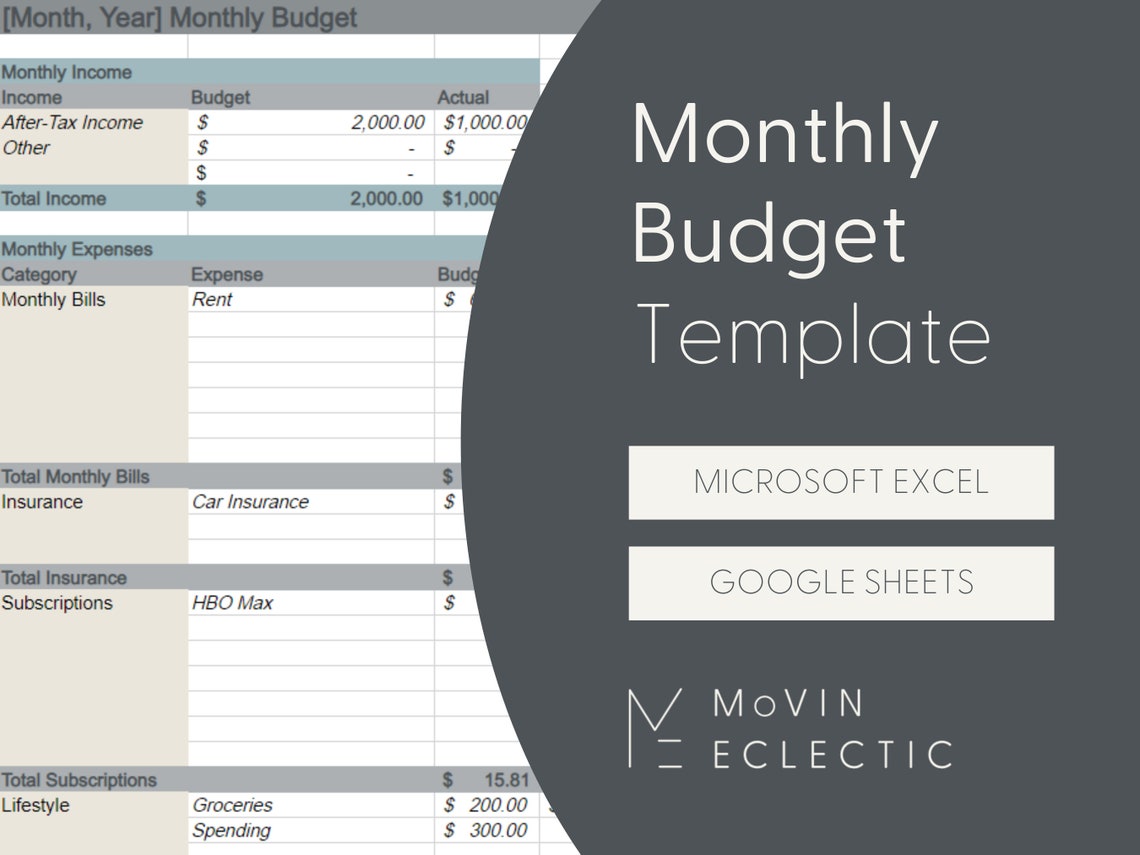 Monthly Budget Template microsoft Excel & Google Sheets Version - Etsy