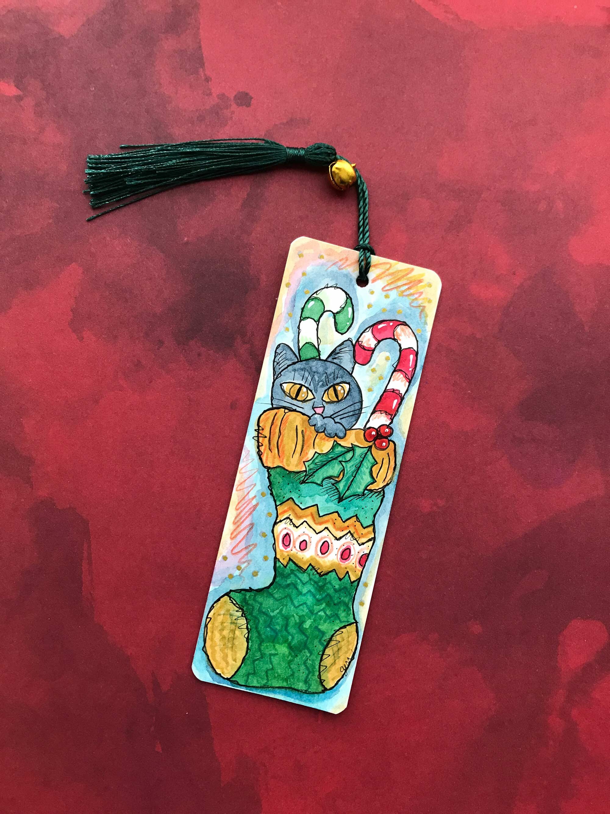 Watercolor Hand Painted Christmas Bookmark, Christmas Cats | Gift for ...