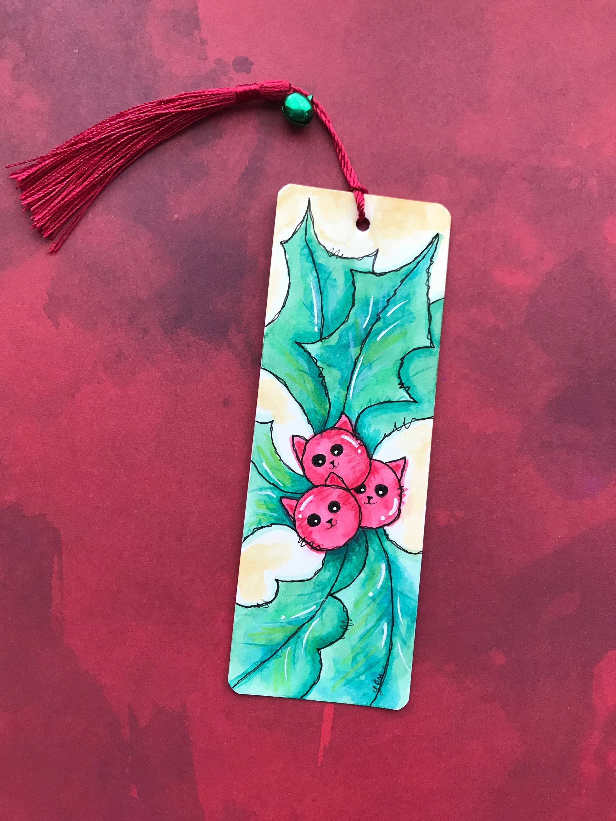 Watercolor Hand Painted Christmas Bookmark, Christmas Cats | Gift for ...