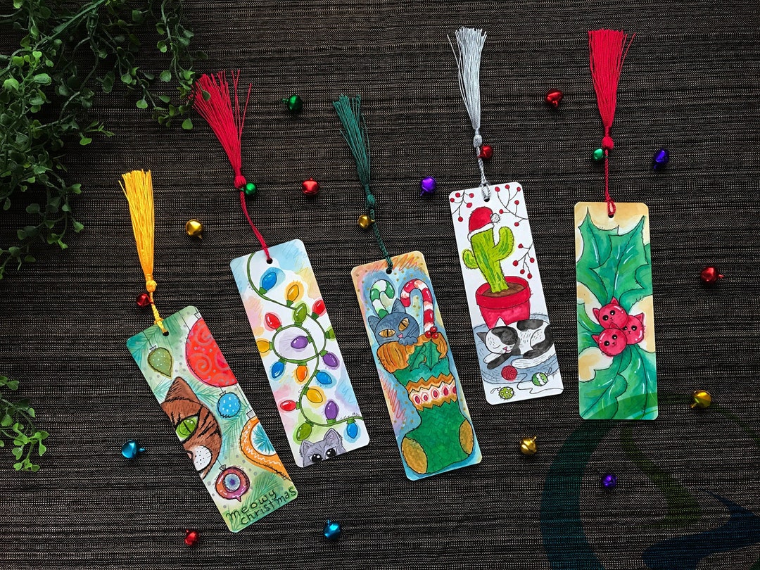 Watercolor Hand Painted Christmas Bookmark, Christmas Cats | Gift for ...