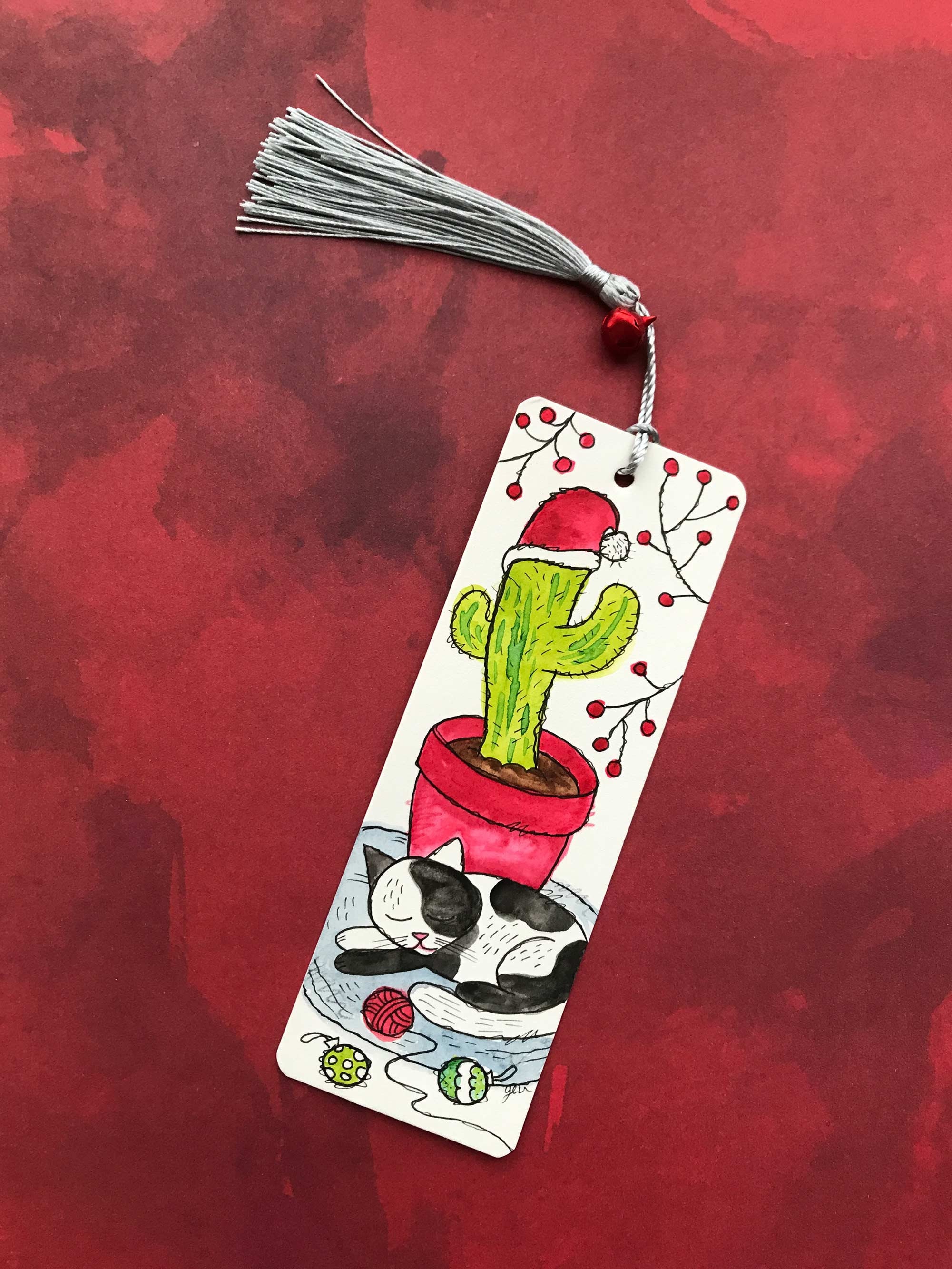 Watercolor Hand Painted Christmas Bookmark, Christmas Cats | Gift for ...