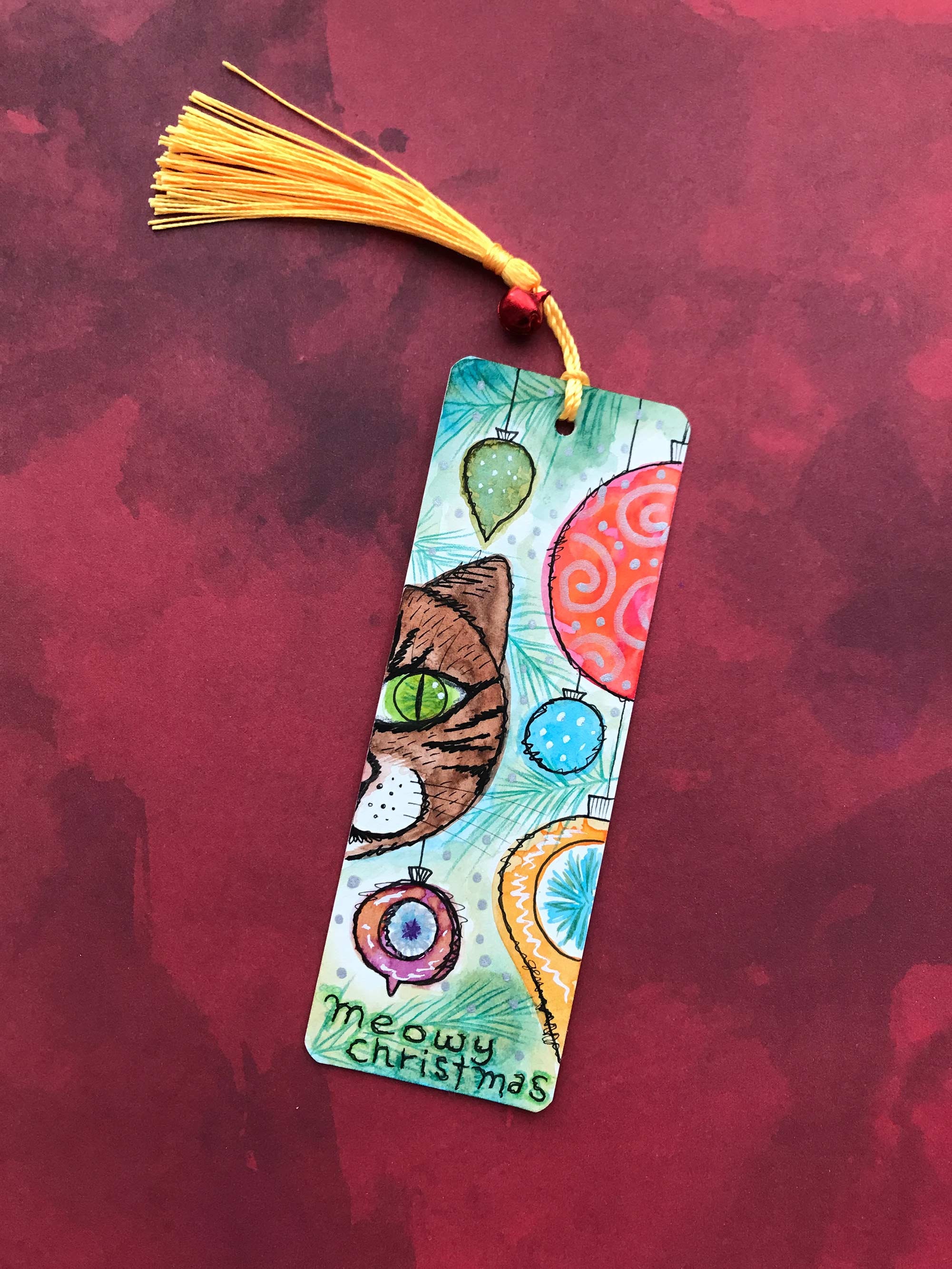 Watercolor Hand Painted Christmas Bookmark, Christmas Cats | Gift for ...