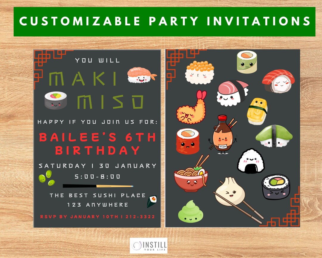 Editable Sushi Birthday Party Invitation, Welcome Sign, Banner (digital ...