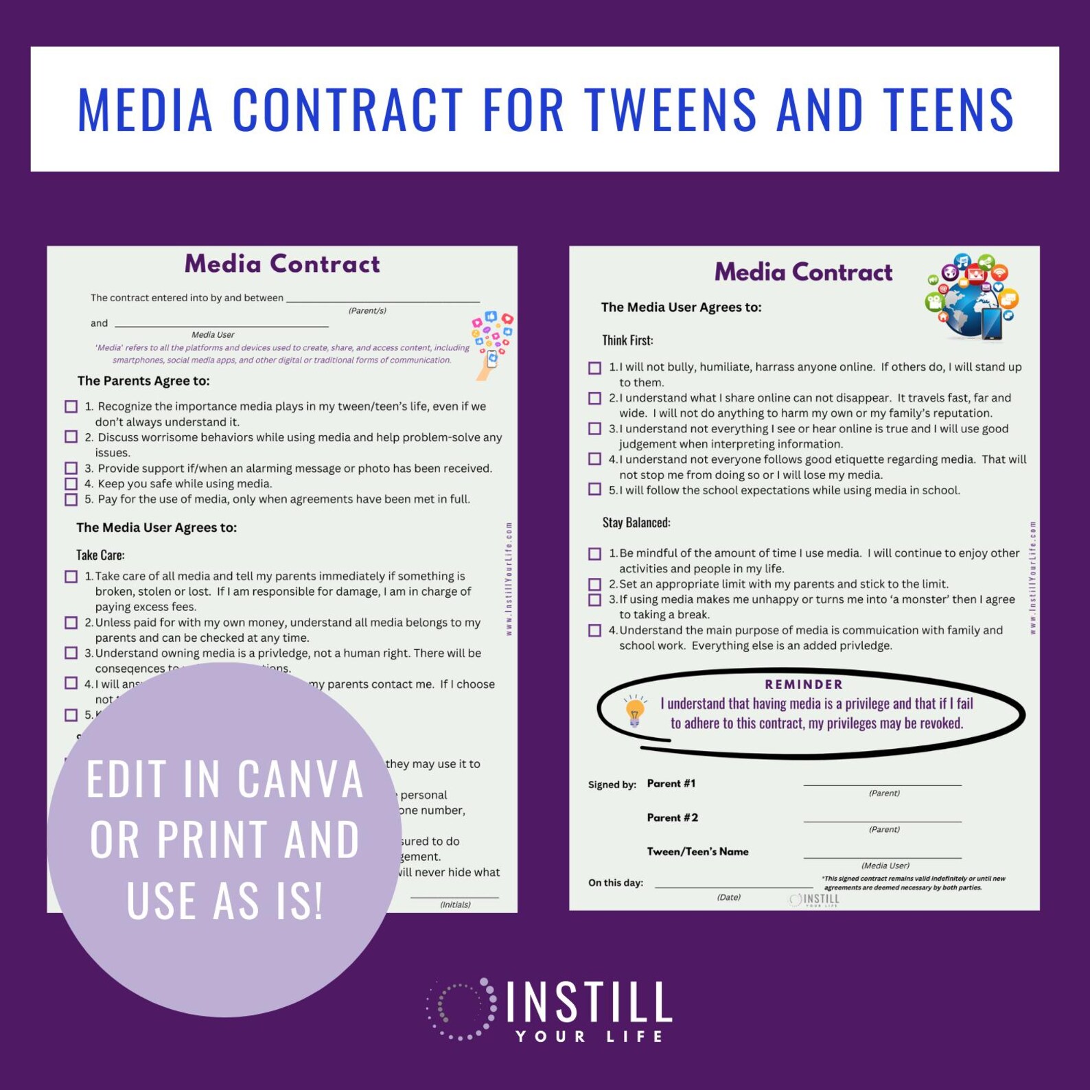 Tween and Teen Media Use Contract - Etsy