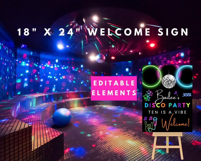 Editable Disco Birthday Party Invitation, Welcome Sign, Banner (digital ...