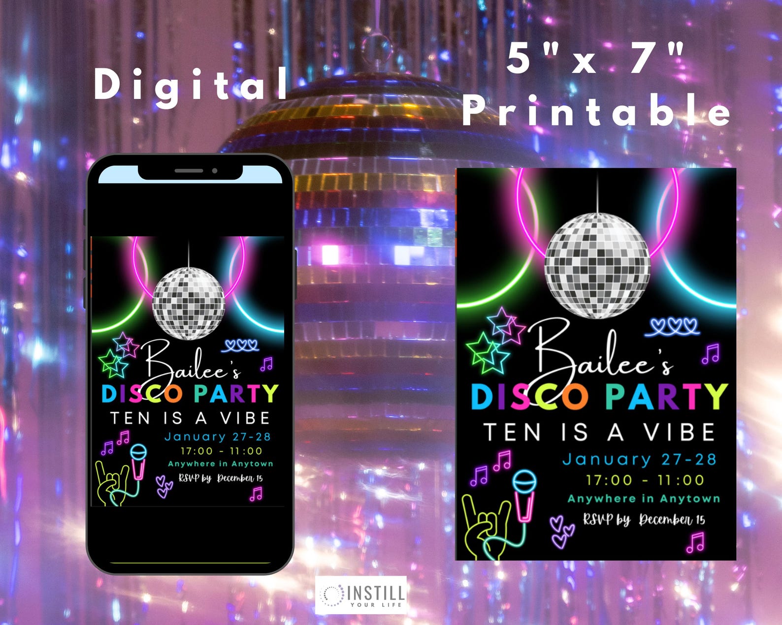 Editable Disco Birthday Party Invitation, Welcome Sign, Banner (digital ...