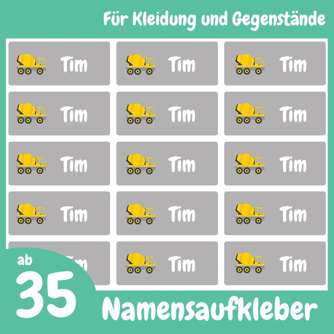 Name Stickers Excavator Crane Construction Site for Clothing and Lunch ...