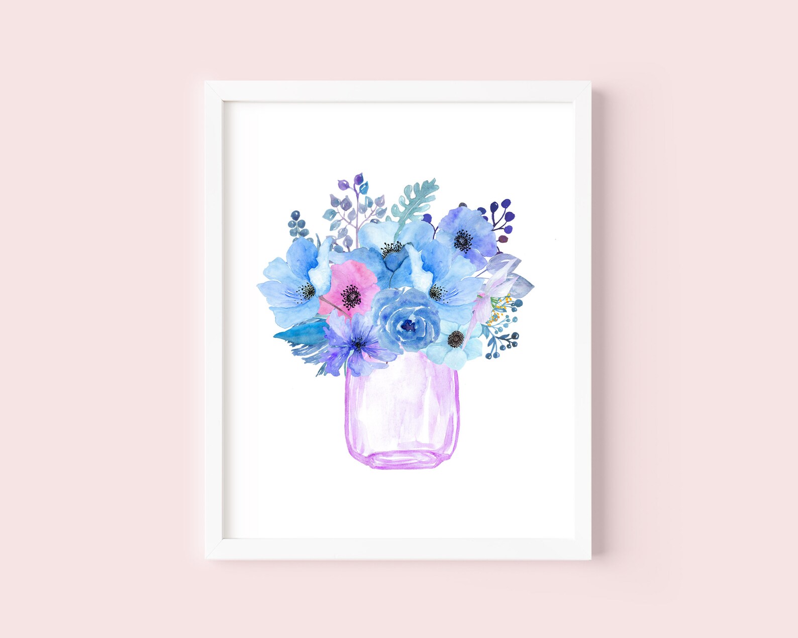 Blue Flowers in A Mason Jar Wall Art, Blue Floral Mason Jar Wall Print ...