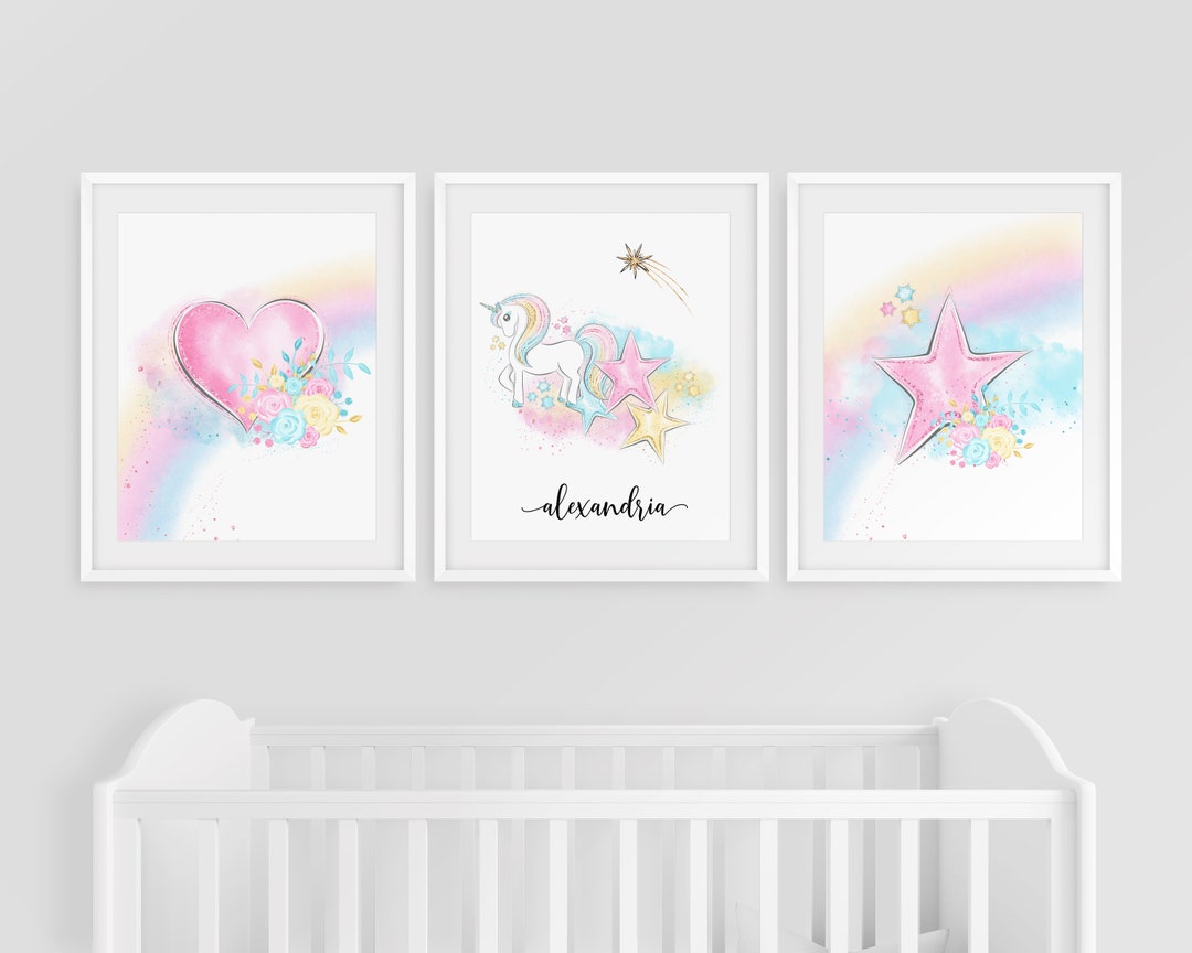 Girls Rainbow Unicorn Wall Print Trio, Rainbow Heart Wall Print ...