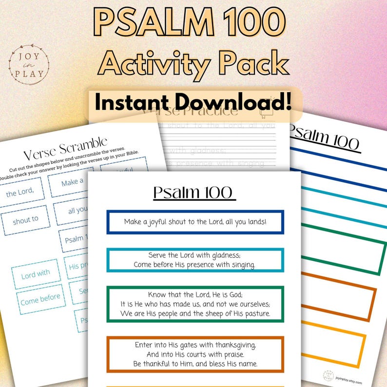 Psalm 100 Bible Study, Christian Printable Activity Pack, Thanksgiving ...