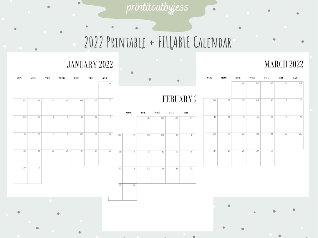 2022 Printable Fillable Calendar, Desk Calendar 2022 Monthly, Simple ...