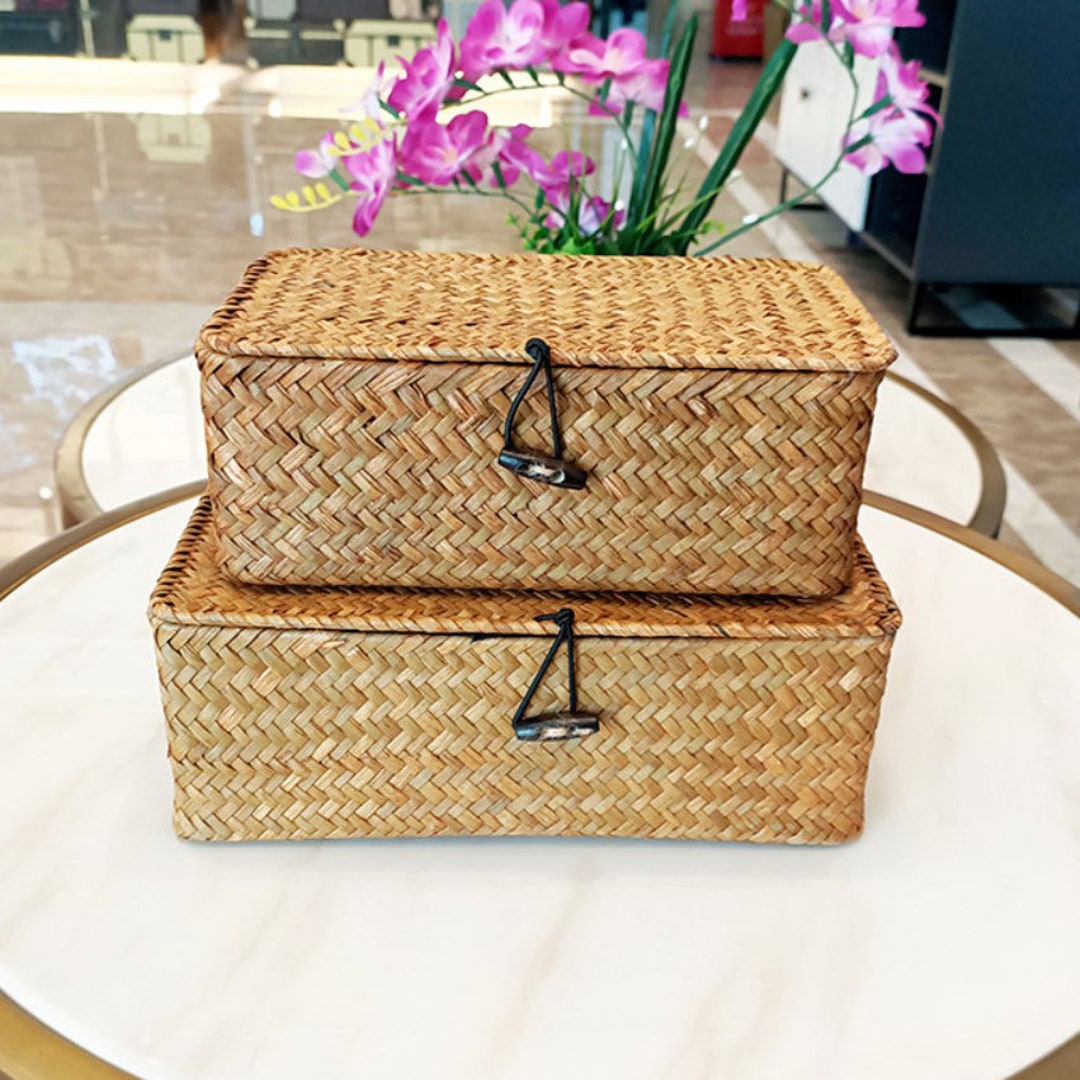 Seagrass Storage Baskets With Lid Cosmetic Straw Storage Box, Woven ...
