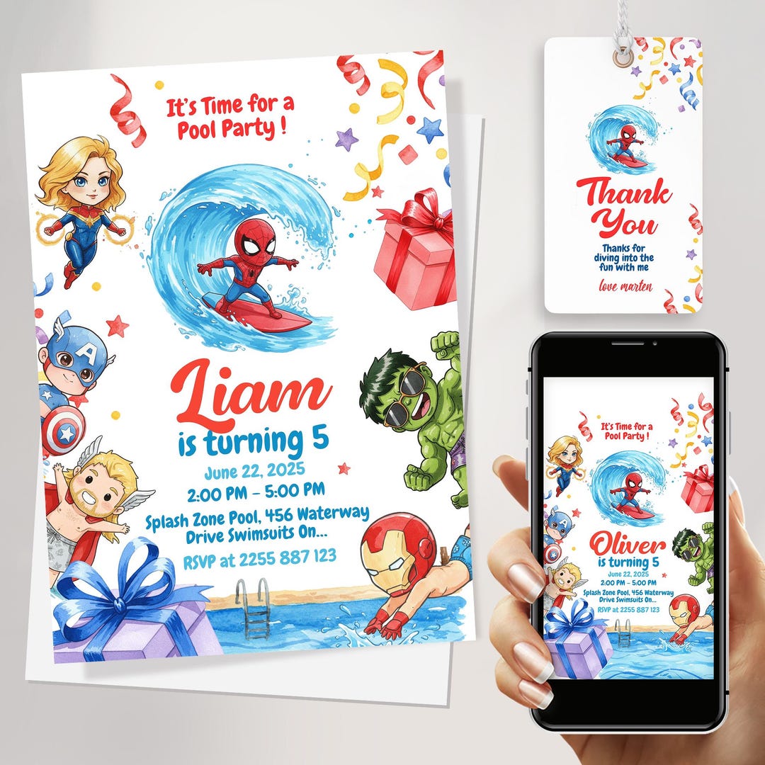 Editable Superhero Pool Party Birthday Invitation | Cute Avengers ...