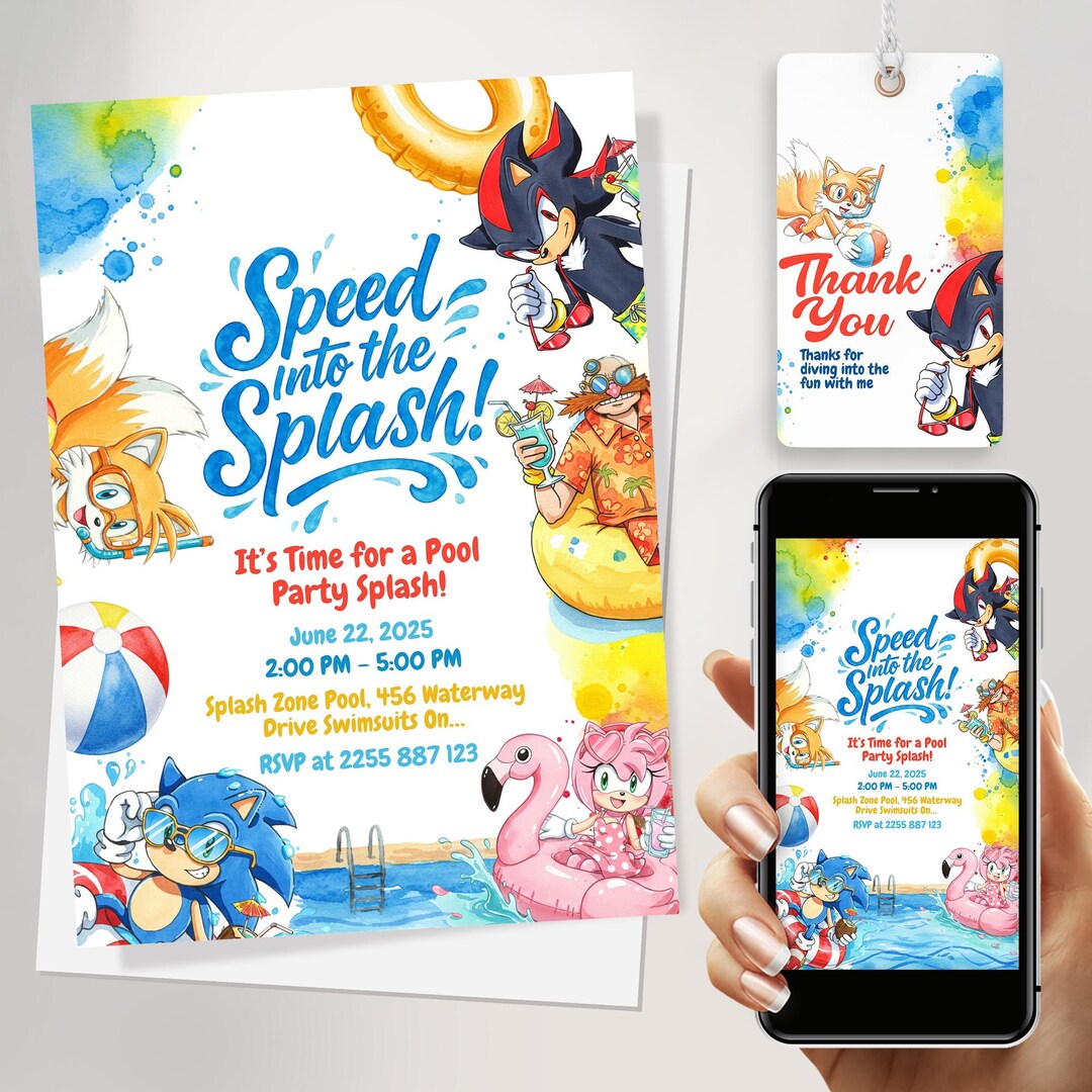 Sonic Pool Party Birthday Invitation FREE Sonic Thank You Tags ...