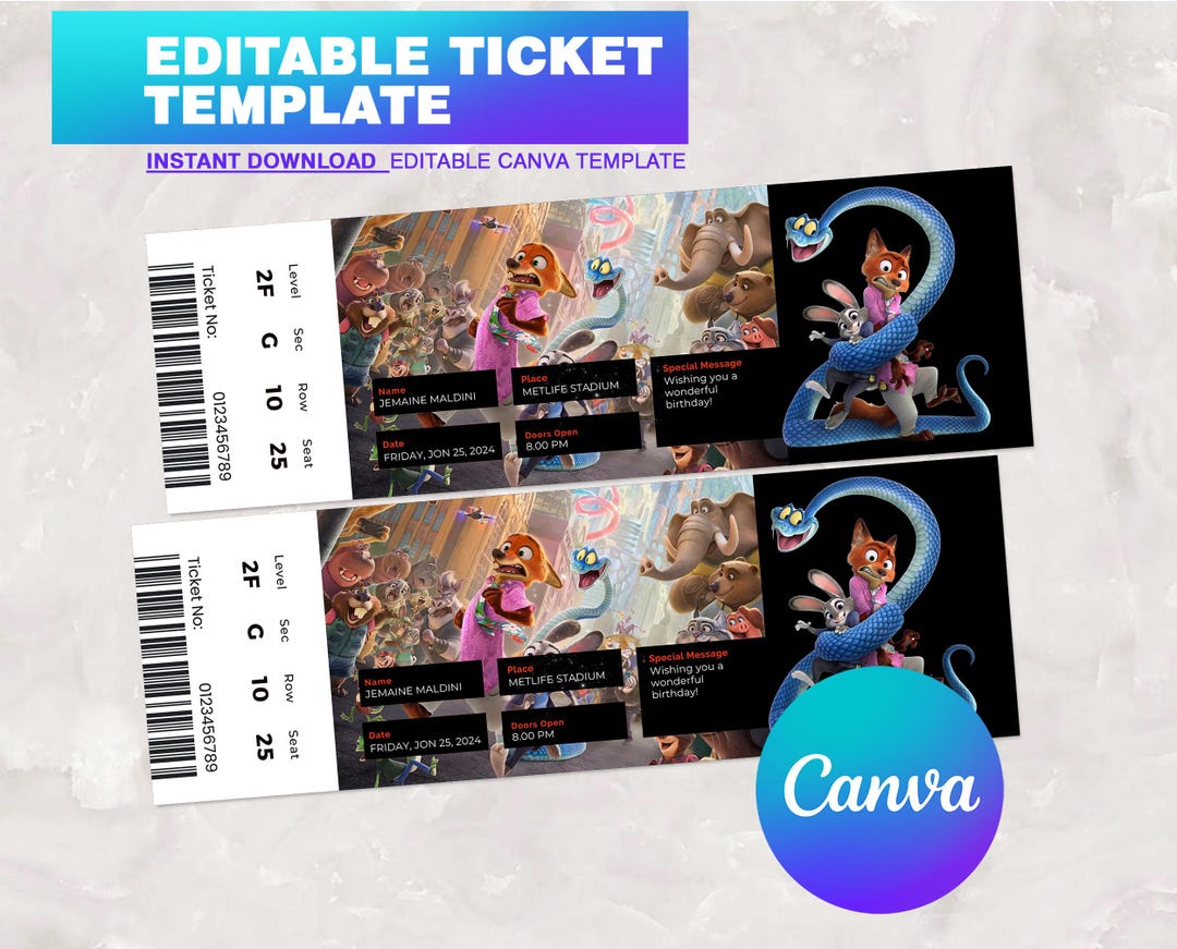 Buy Editable Zootopia 2 Movie Ticket Invitation, Printable Birthday ...