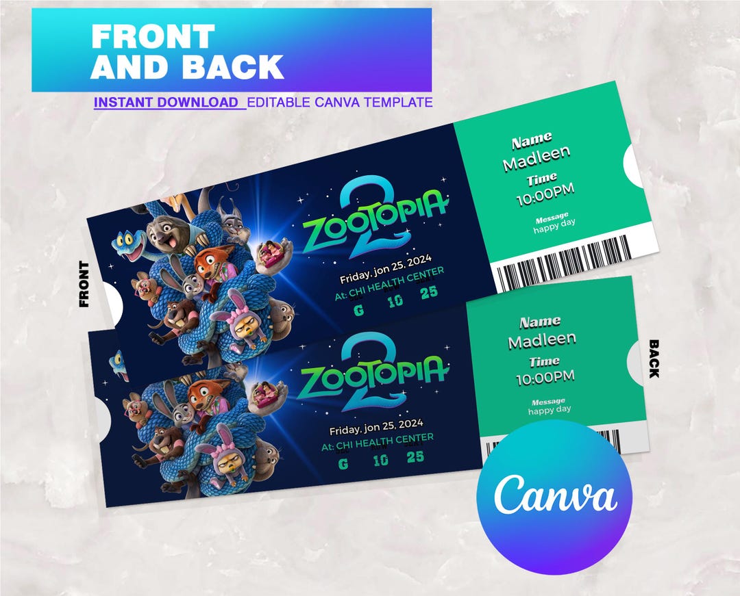 Editable Zootopia 2 Movie Ticket Invitation, Printable Birthday Invite ...