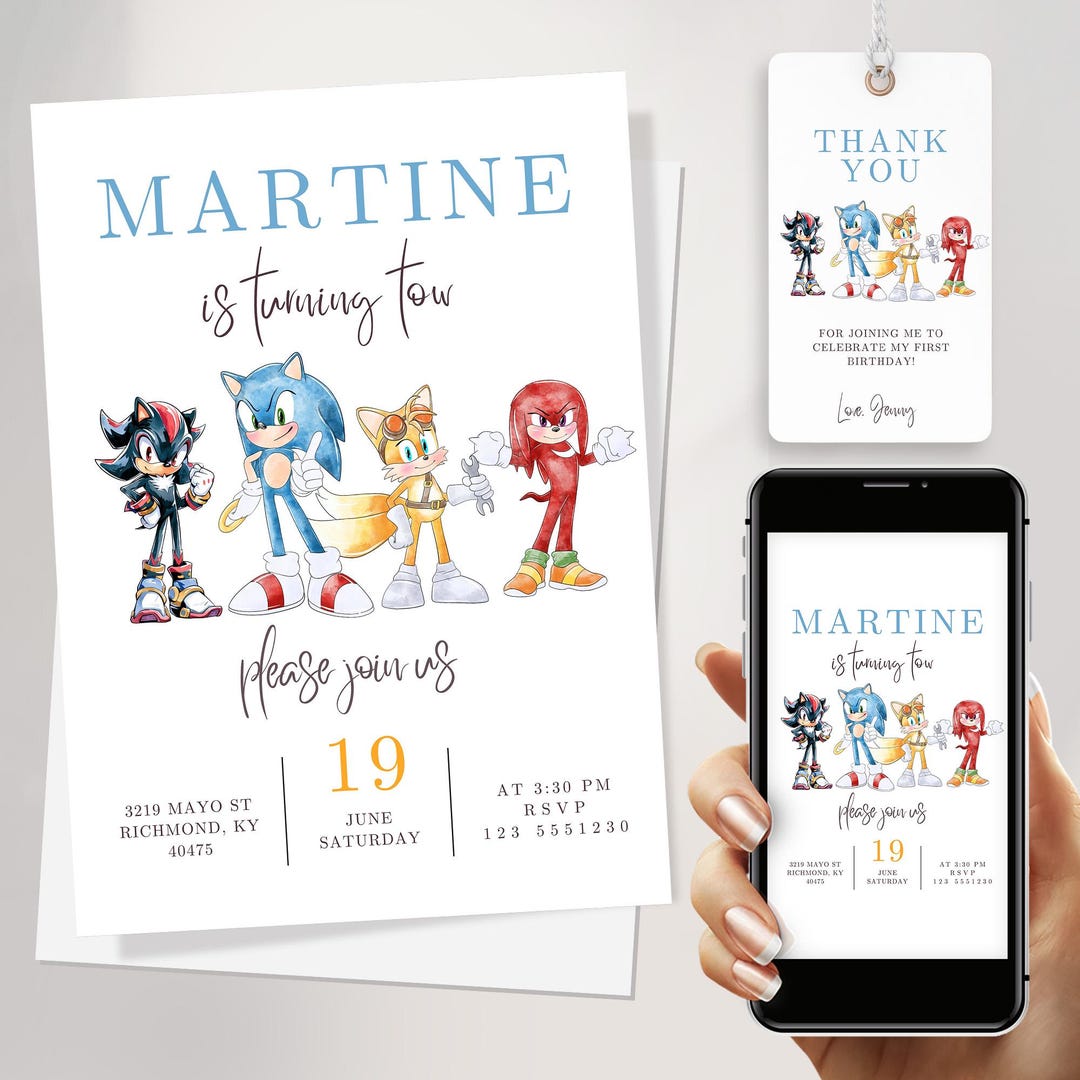 Invitación de cumpleaños editable de Sonic Etiquetas de agradecimiento ...