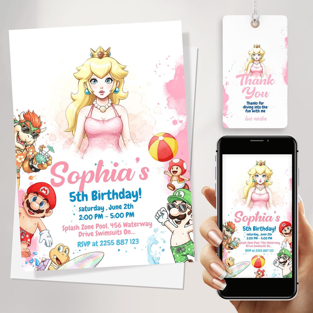 Princess Peach Pool Party Birthday Invitation | Super Mario Girl Summer ...