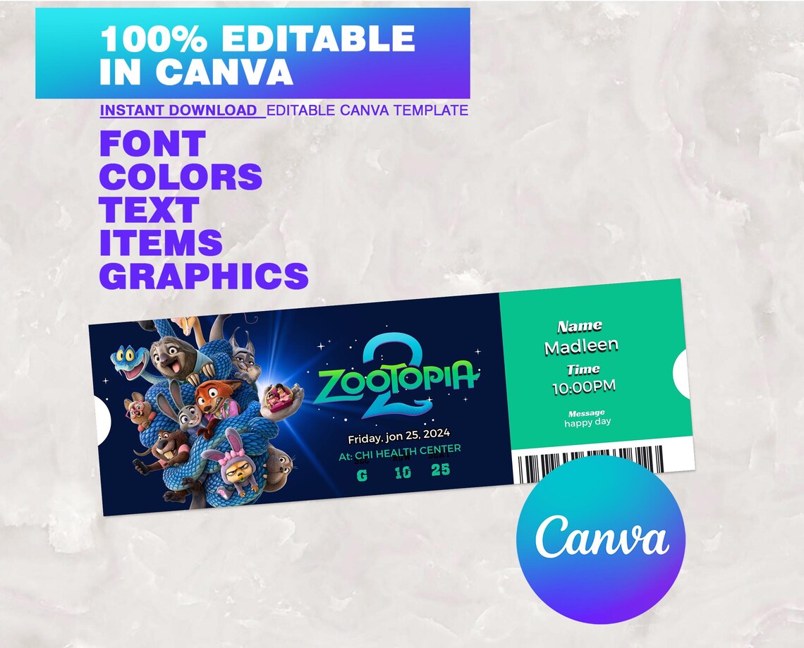 Editable Zootopia 2 Movie Ticket Invitation, Printable Birthday Invite ...