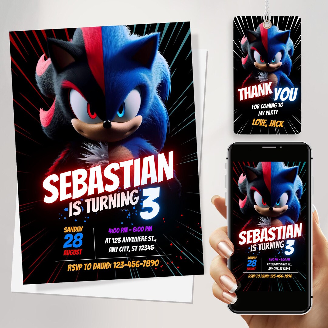 Sonic the Hedgehog 3 Birthday Invitation, Sonic Birthday Party ...