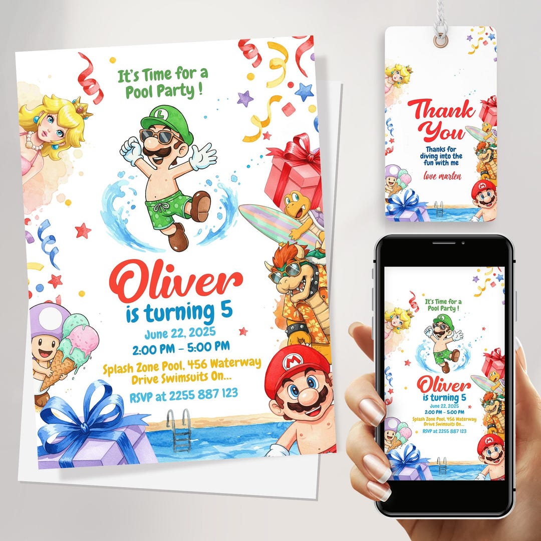 Luigi Pool Party Birthday Invitation | Super Mario Summer Splash ...