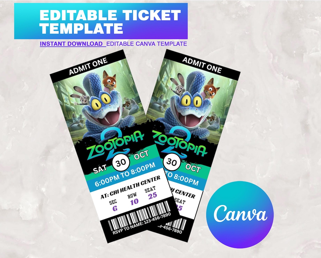 Editable Zootopia 2 Movie Ticket Invitation, Printable Birthday Invite ...