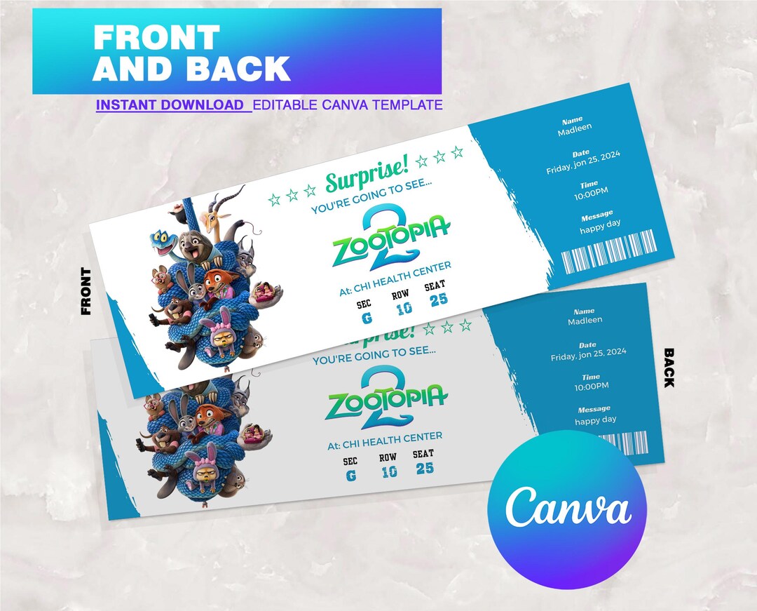Editable Zootopia 2 Movie Ticket Invitation, Printable Birthday Invite ...