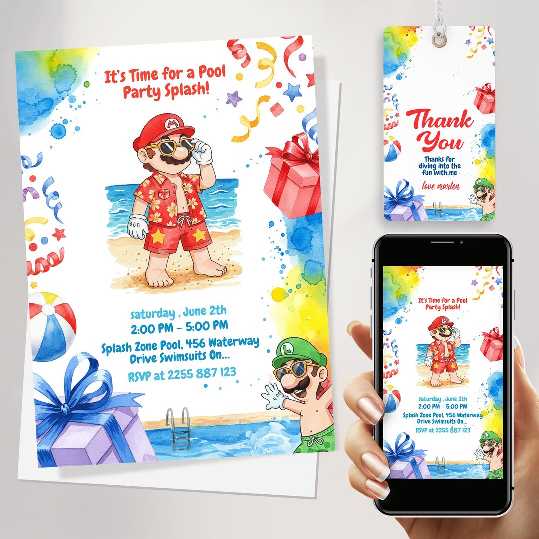 Super Mario Pool Party Birthday Invitation Digital Download With FREE ...