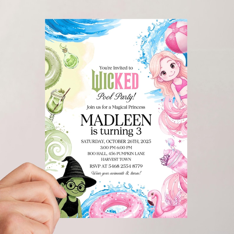 Wicked Pool Party Invitation: Elphaba & Glinda, Editable Template ...