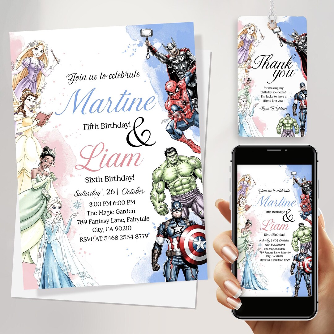 Superhero & Princess Joint Birthday Invitation | Boy and Girl Custom ...