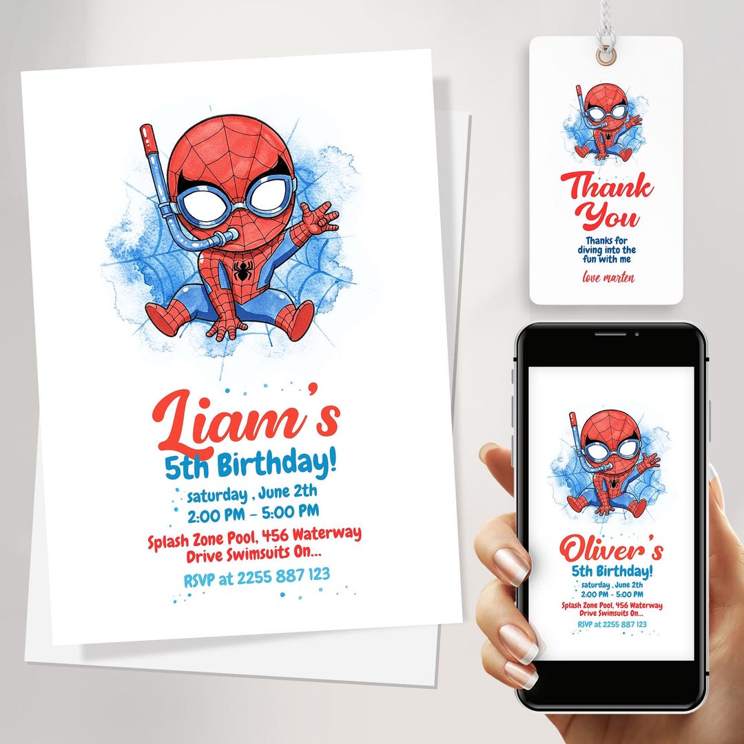 Editable Spider-man Pool Party Invitation Template | Kids Birthday Swim ...