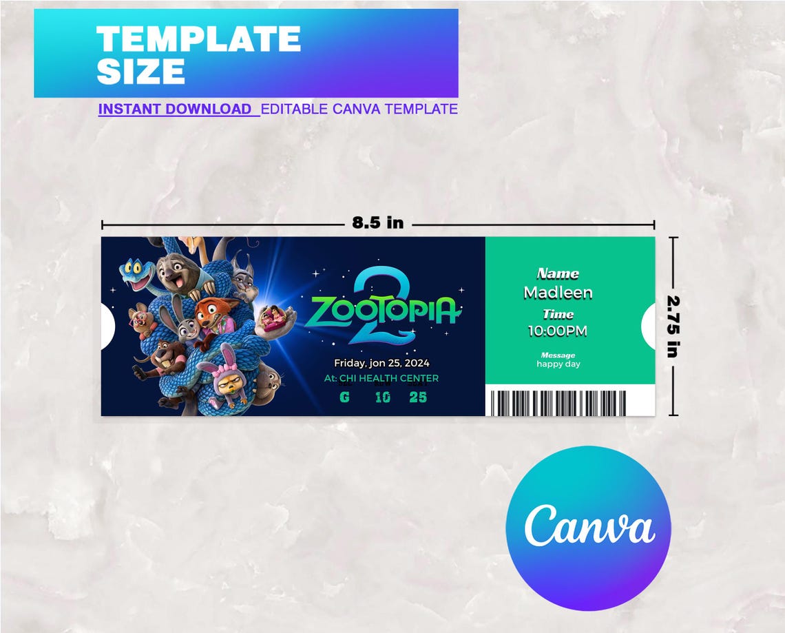 Editable Zootopia 2 Movie Ticket Invitation, Printable Birthday Invite ...