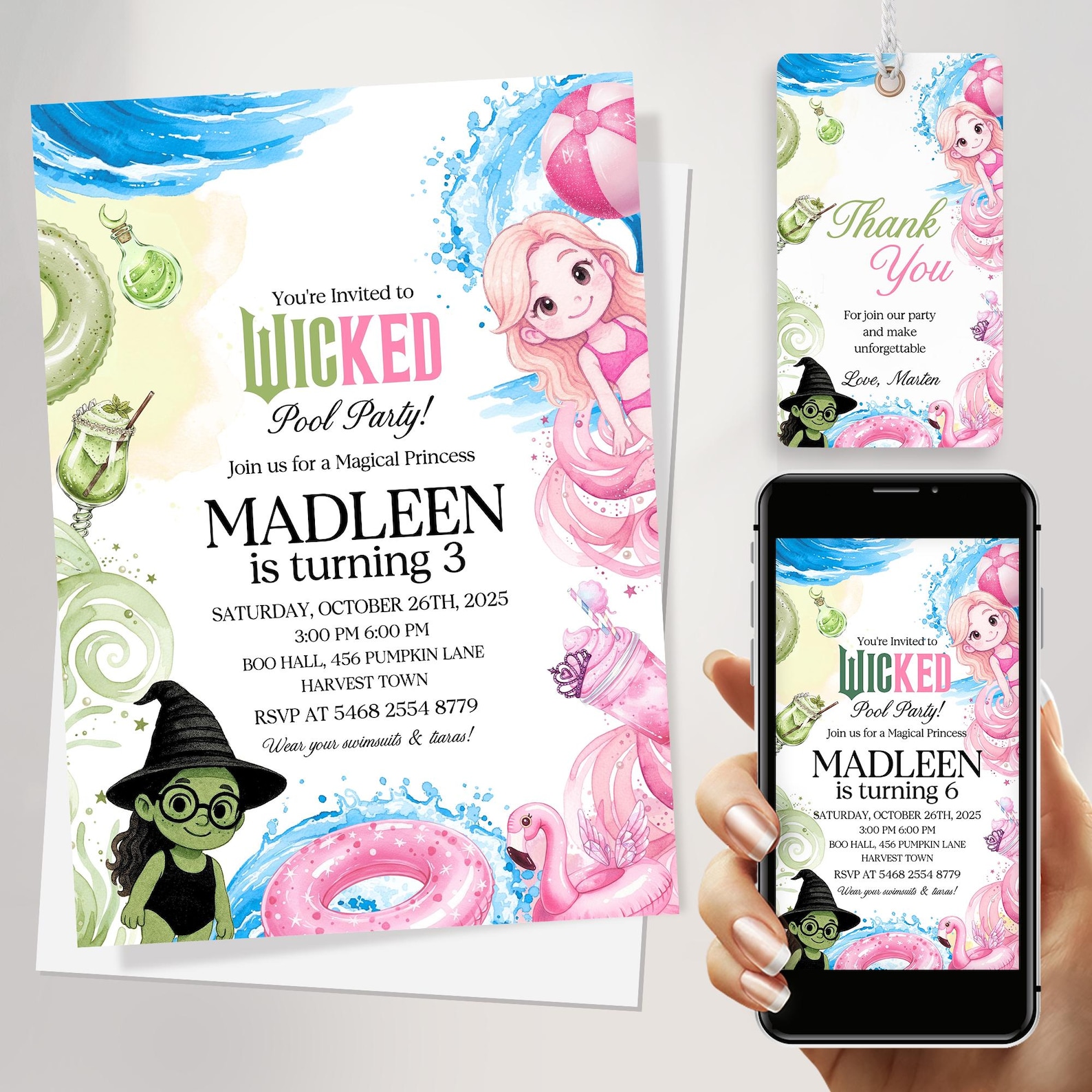 Wicked Pool Party Invitation: Elphaba & Glinda, Editable Template ...